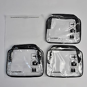 Lermende 3pcs TSA Approved Toiletry Bag with Zipper Travel Luggage Pouch Carry On Clear Airport Airline Compliant Bag Travel Cosmetic Makeup Bags for Men Women (Black)