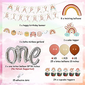 Boho Rainbow 1st Birthday Decorations, Bohemian Rainbow Balloon Happy Birthday Banner Cake Toppers for Girls First Birthday Party Supplies