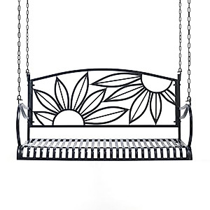 Live Casual Heavy Duty Mariposa Metal Porch Swing, No Cup Holders - Weather-Resistant Black Metal Swing with Comfort Roll Seat