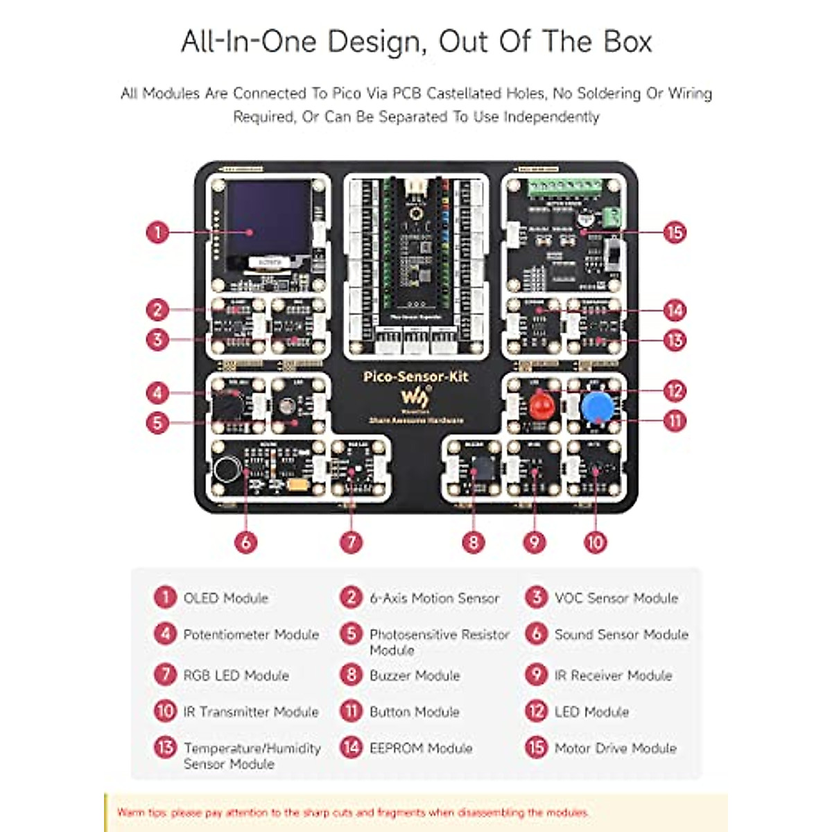 Waveshare Entry-Level Sensor Kit Compatible with Raspberry Pi Pico, Including Pico Expansion Board and 15 Common Modules-Sensor Kit + Raspberry Pi Pico H