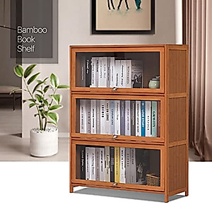 MoNiBloom Bamboo Bookshelf with Acrylic Doors 3 Tier Freestanding Bookcase Storage Stand for Living Room Office Bedroom, Brown