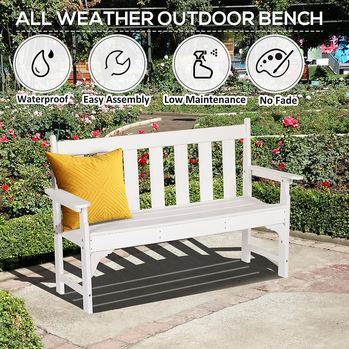 nalone Outdoor Bench, HDPE All Weather Patio Bench Load up to 800 Lbs, 2-Person Garden Bench Rot-Proof Fade Proof for Patio, Porch, and Park (White)