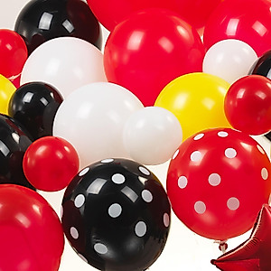 Cartoon Mouse Balloon Garland Kit 157pcs Black Red Yellow White balloons with Foil Starburst Cute dot balloons for kid Cartoon TV Video Game theme Racing car Birthday Decorations