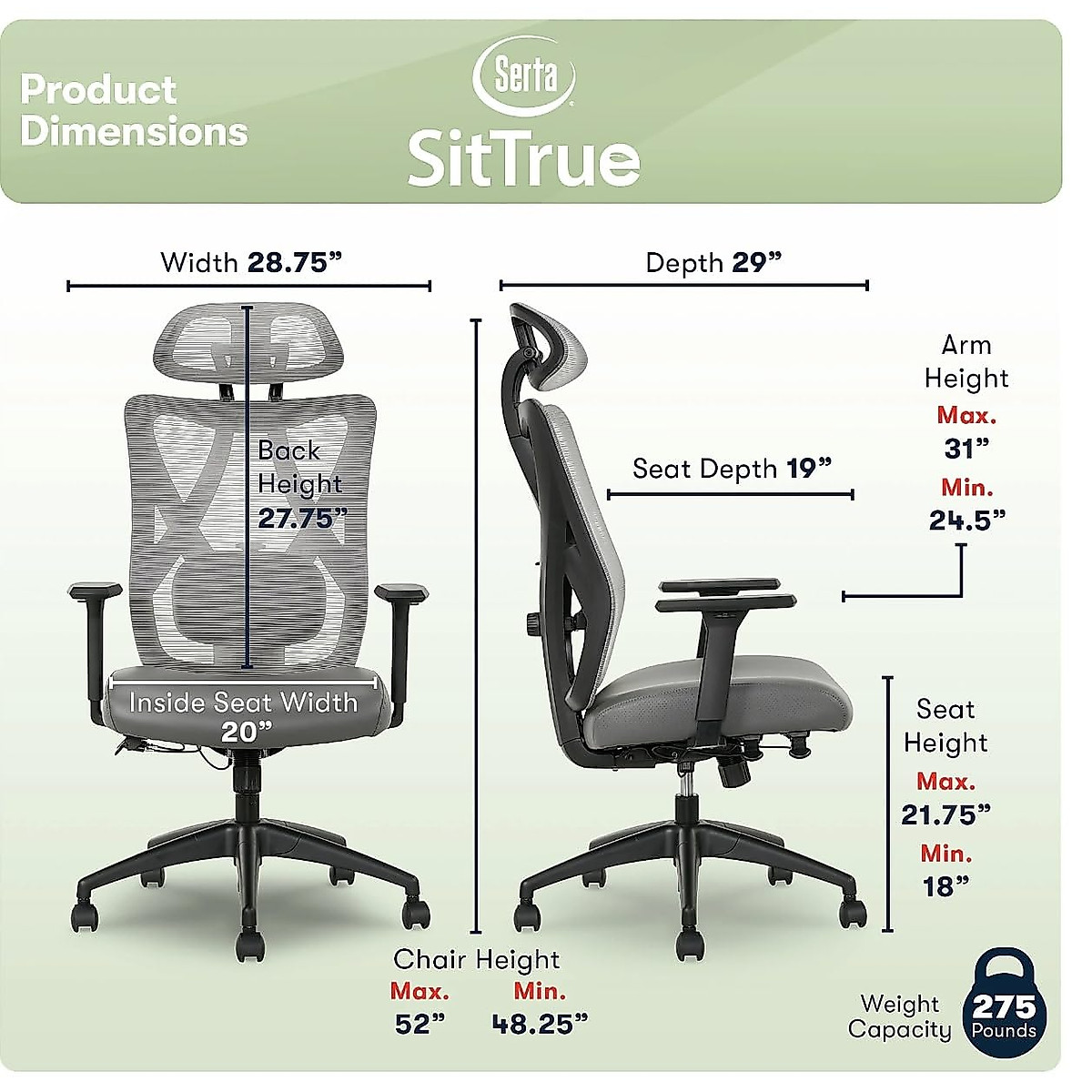 Serta SitTrue Ridgefield Ergonomic Mesh/Vegan Leather High-Back Task