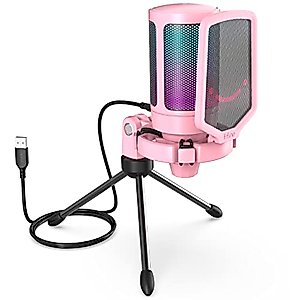 FIFINE USB Gaming PC Microphone for Streaming Podcasts, AmpliGame RGB Computer Condenser Desktop Mic, Cardioid Pattern for YouTube Video, Plug and Play on PS4 PS5, with Quick Mute, Mic Gain-A6V Pink