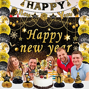 New Year Decorations Kit, Black Bunting and Gold Alphabet Balloons, Cake Topper and Photo Booth Props, Eve Party Decor for Home and School Gatherings, Festive Backdrop for Celebrations