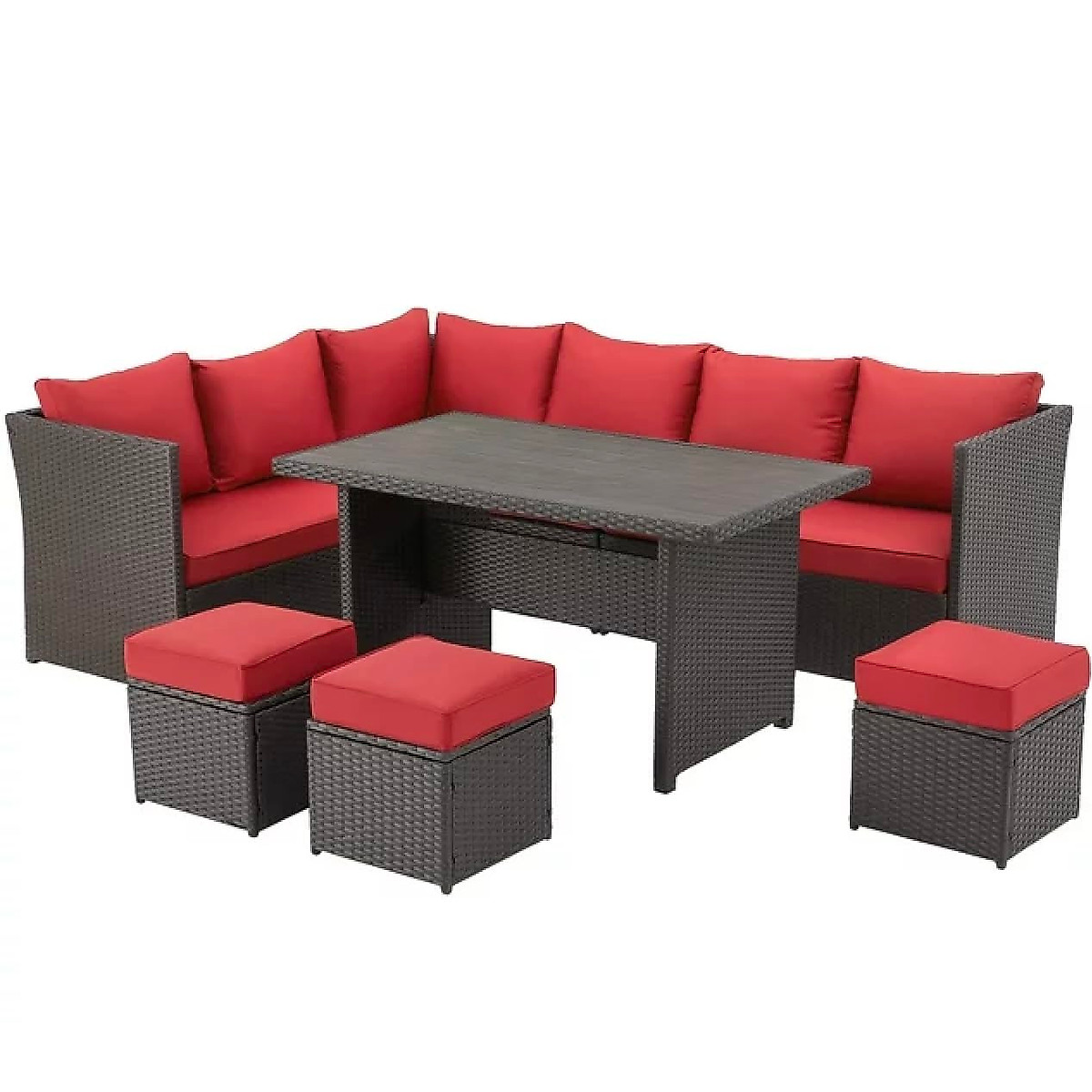 Generic 7 Piece Patio Conversation Set, Outdoor Sectional Sofa Rattan Wicker Dining Furniture, Gray (Red), dd1123