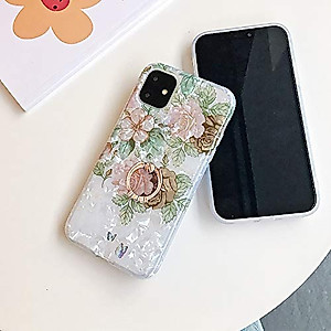 Qokey iPhone 11 Case Floral Case Cute Clear Flower Case for Women Girls with 360 Degree Rotating Ring Stand Holder Kickstand Soft TPU Shockproof Cover Designed for iPhone 11 6.1 Inch Brown Flower