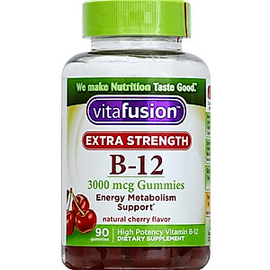 Vitafusion Extra Strength Vitamin B12 Gummy Vitamins for Energy Metabolism Support and Nervous System Health Support, Cherry Flavored, America’s Number 1 Brand, 45 Day Supply, 90 Count