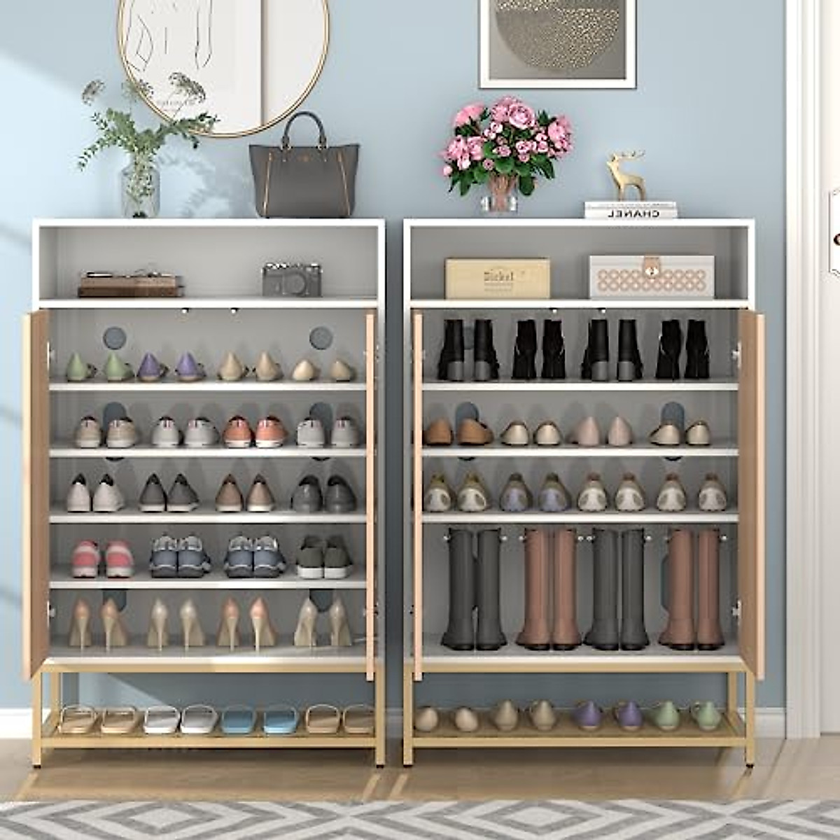 Gyfimoie Shoe Organizer with Doors, Shoe Storage Cabinet with Adjustable Shelves for Entryway, 7-Tier Entryway Shoe Rack Storage for Hallway, Closet, Living Room (White)