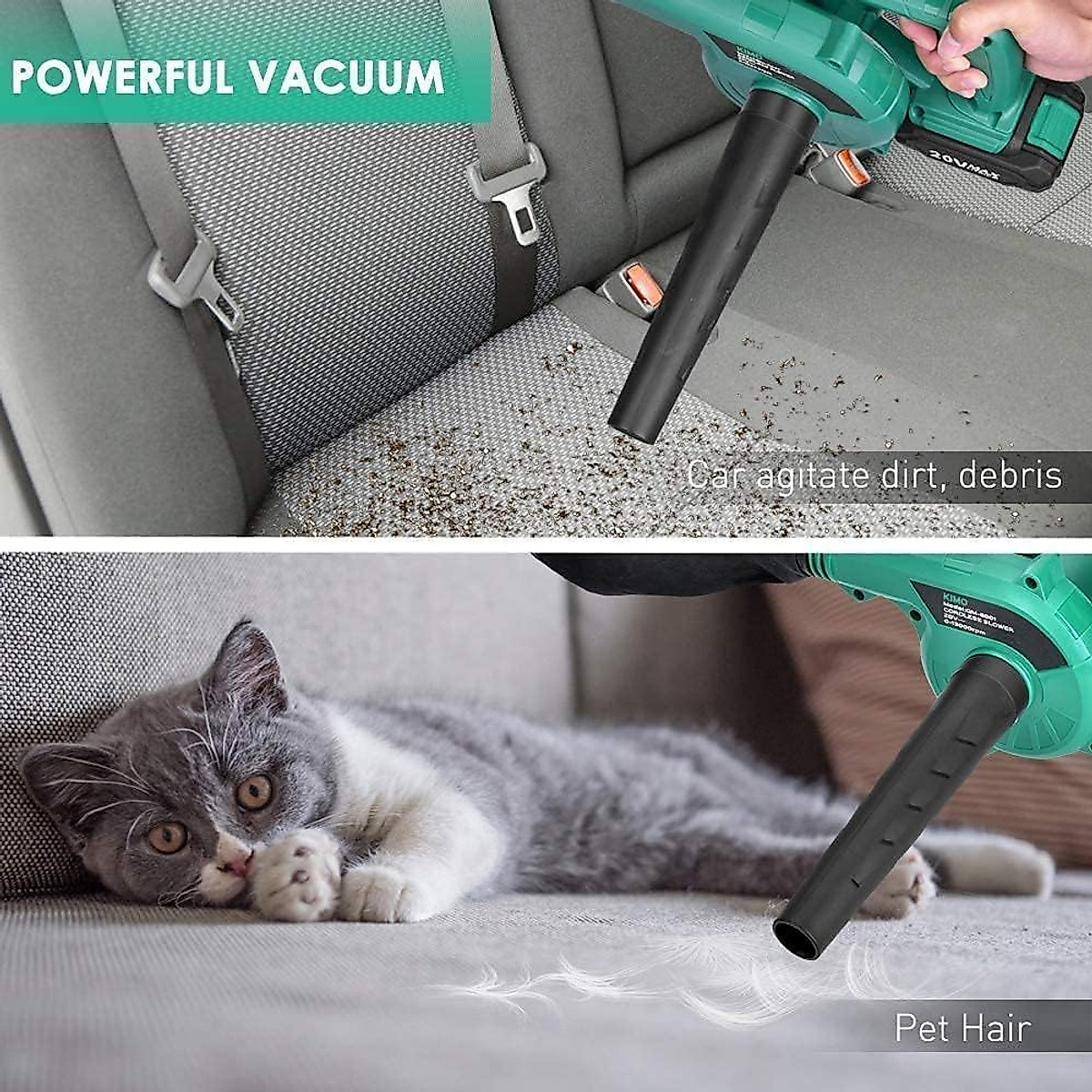 K I M O. Cordless Leaf Blower & Vacuum w/2 X 2.0 Battery & Charger, 2-in-1 20V Leaf Blower Cordless,150CFM Lightweight Mini Cordless Leaf Vacuum, Handheld Electric Blowers for Lawn Care/Dust/Pet Hair