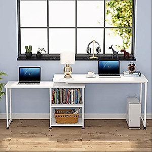 TRIBESIGNS WAY TO ORIGIN 55 Inch Reversible Office Desk, 360° Rotating L-Shaped Computer Desk with Storage Shelves, Modern Home Office Corner Desk Study Writing Table, High Glossy White