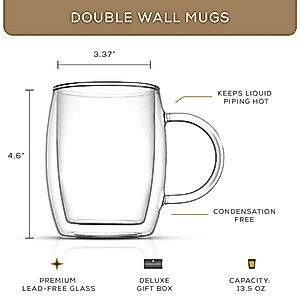JoyJolt Double Wall Glass Coffee Mugs - 13.5oz Double Walled Glasses, Thermal Borosilicate Glass Insulated Coffee Mug. Clear Coffee Glass Cup, Cappuccino Mug, Iced Coffee Cup, Tea Mugs