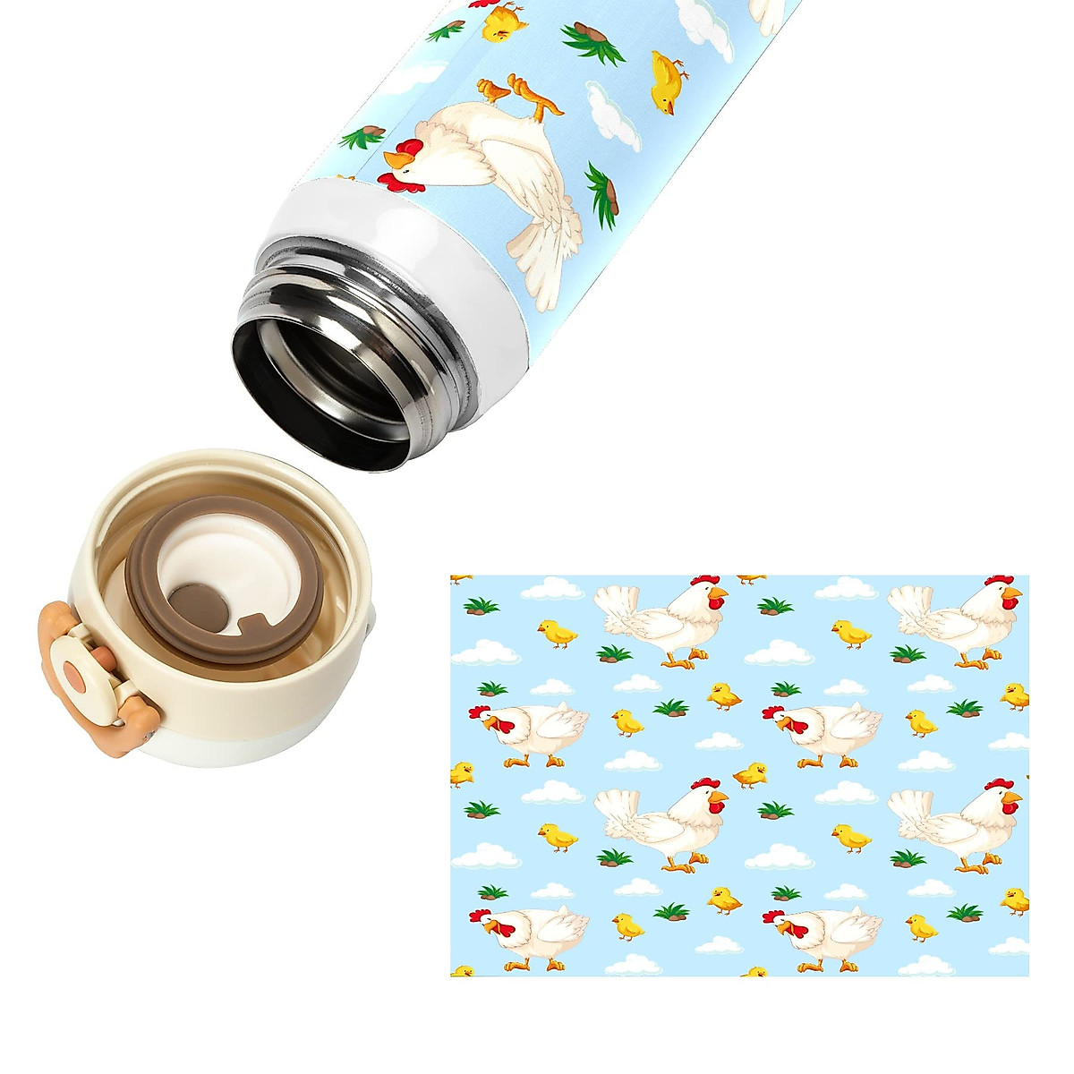 Kids Water Bottle White Chicken Blue Sky Stainless Steel Travel Mug for School Lunch Vacuum Insulated Cups Flask with Locking Push-Button Lid (17 oz)