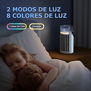 Portable Air Conditioner, Hommie 5 in 1 Personal Mini Air Cooler with 2 Fans, 8 Colors LED Light and 3 Speeds, Small Desk Mini Ac Evaporative Cooler Fanfor Personal Use Small Room