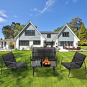 PAIQIAN 4 Pieces Patio Furniture Set Outdoor Furniture Modern Conversation Set Poolside Lawn Chairs with Loveseat Textilene and Glass Coffee Table for Courtyard, Lawn and Balcony (Black)