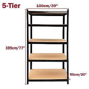 AUTOFU Garage Shed Kitchen Storage Racking Shelving Unit 77x39x20inch(H*W*D) Adjustable 5 Shelf Metal Shelves Boltless Assembly System Easy to Set Black