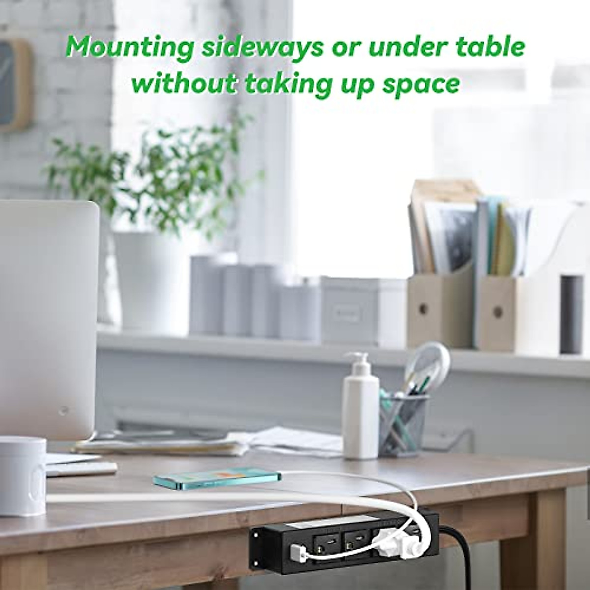 Wall Mount Power Strip with USB, 4 AC Outlet and 2 USB Ports, 6.5 FT Flat Plug Extension Cord, Mountable Power Strip Outlet for/Workbench/Office/Drawer/Nightstand/Cabinet/Desk/Table