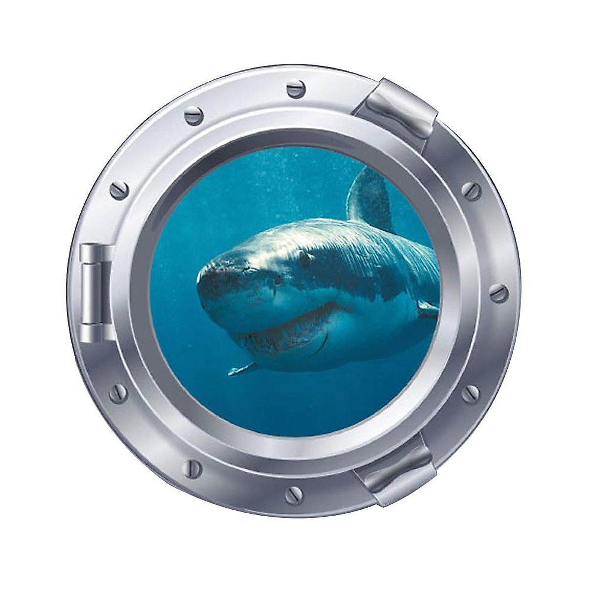 Woodland Arts 3D Undersea Big Shark Porthole Submarine View Tropical Ocean 18 x 18 inch Removable Vinyl Peel and Stick Decorative Wall Decals Stickers for Children Kids Room Nursery