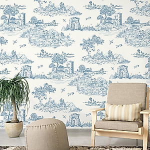 WENMER Toile Peel and Stick Wallpaper 17.7” X 118” Blue and White Wallpaper Blue Contact Paper Removable Vintage Chinoiserie Wallpaper French Wallpaper for Bedroom Living Room
