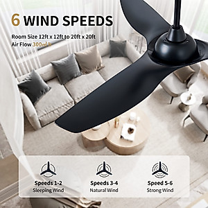 HUMHOLD 52" Ceiling Fan no Lights with Remote, Reversible DC Motor 6-Speed Ceiling Fan, 3 Blades Black Ceiling Fan without Light, Modern Propeller Ceiling Fans for Bedroom, Living Room