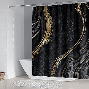 BEIFIVCL 4Pcs Luxury Marble Shower Curtain Sets, Bathroom Sets with Shower Curtain, Toilet Lid Rug, Contour Mat and Bath Mat, Shower Curtain with 12 Hooks for Bathroom Set Decor (72 x 72 Inch), Black