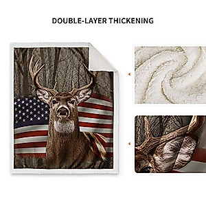 Jekeno Sherpa Blanket US Flag with Deer Forest Soft Warm Print Throw Blanket Adults Gift Sofa Chair Bed Office 50"x60"