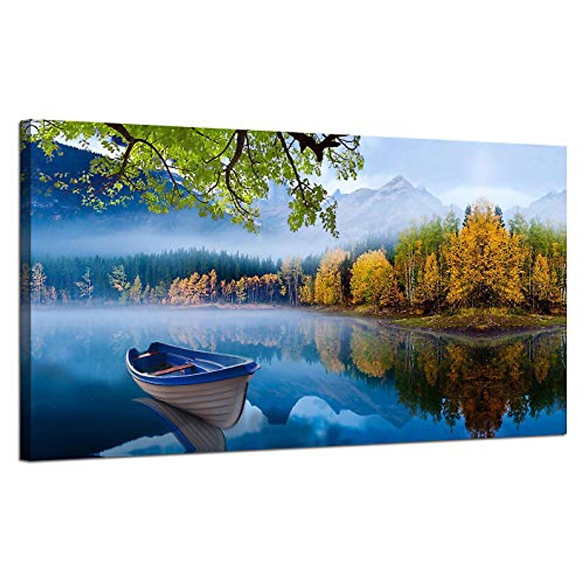 Arjun Lake Canvas Wall Art Blue Mountain Sky Nature Landscape Boat Picture Artwork Modern Spring Painting Framed Large for Living Room Bedroom Bathroom Dinning Room Home Office Wall Decor, 40"x20"