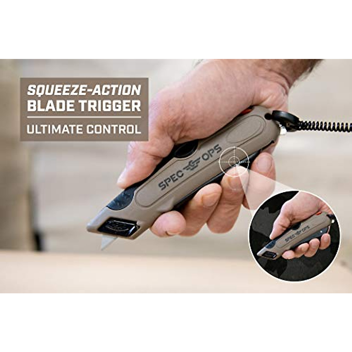 Spec Ops Tools Safety Knife Box Cutter, Includes Holster & Lanyard, 3% Donated to Veterans, black/tan