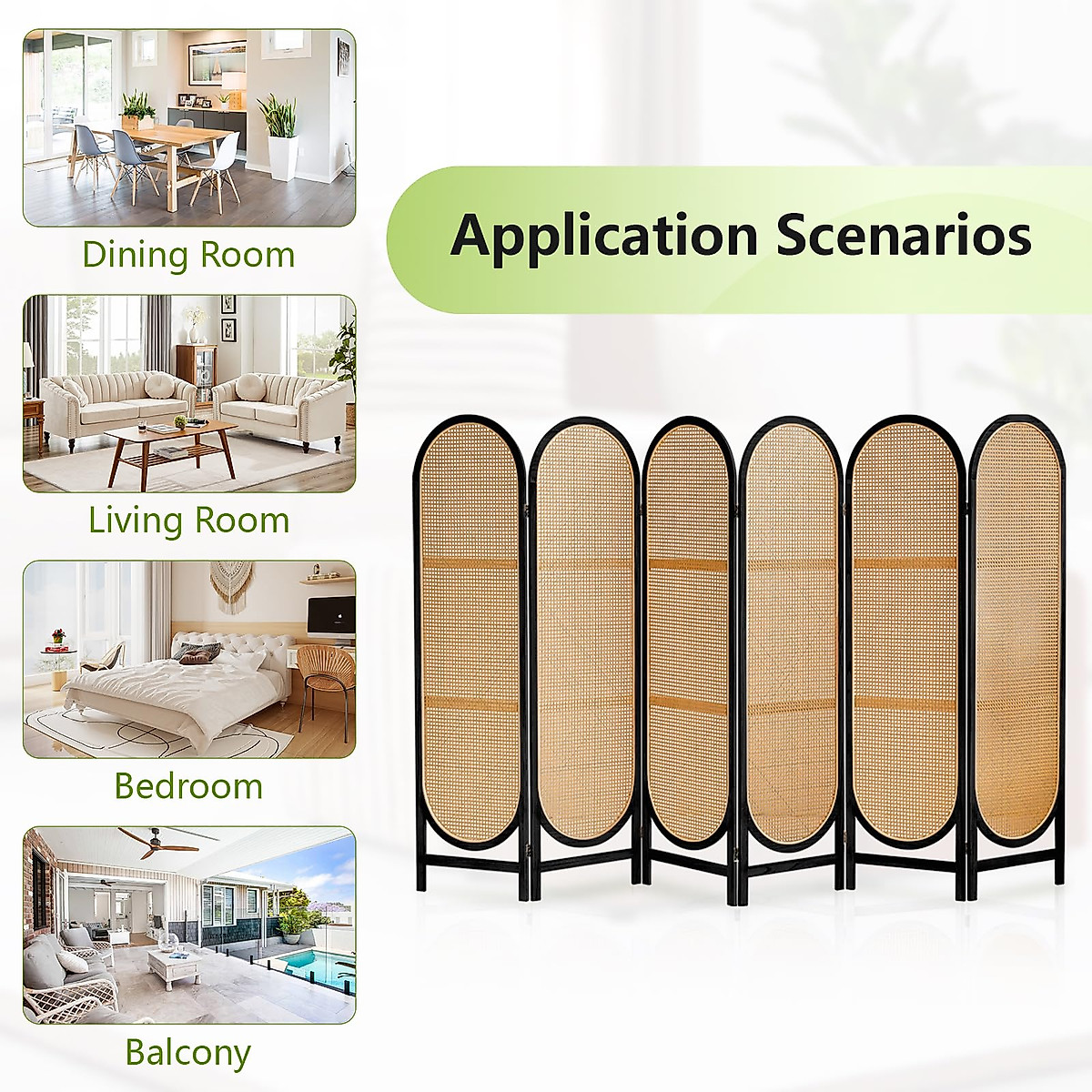 Leesinwing 6 Panels Room Dividers and Folding Privacy Screens, Hand-Woven Rattan Room Divider Wall, Wood Room Divider Freestanding Room Partitions Screen for Home Office Bedroom, Black