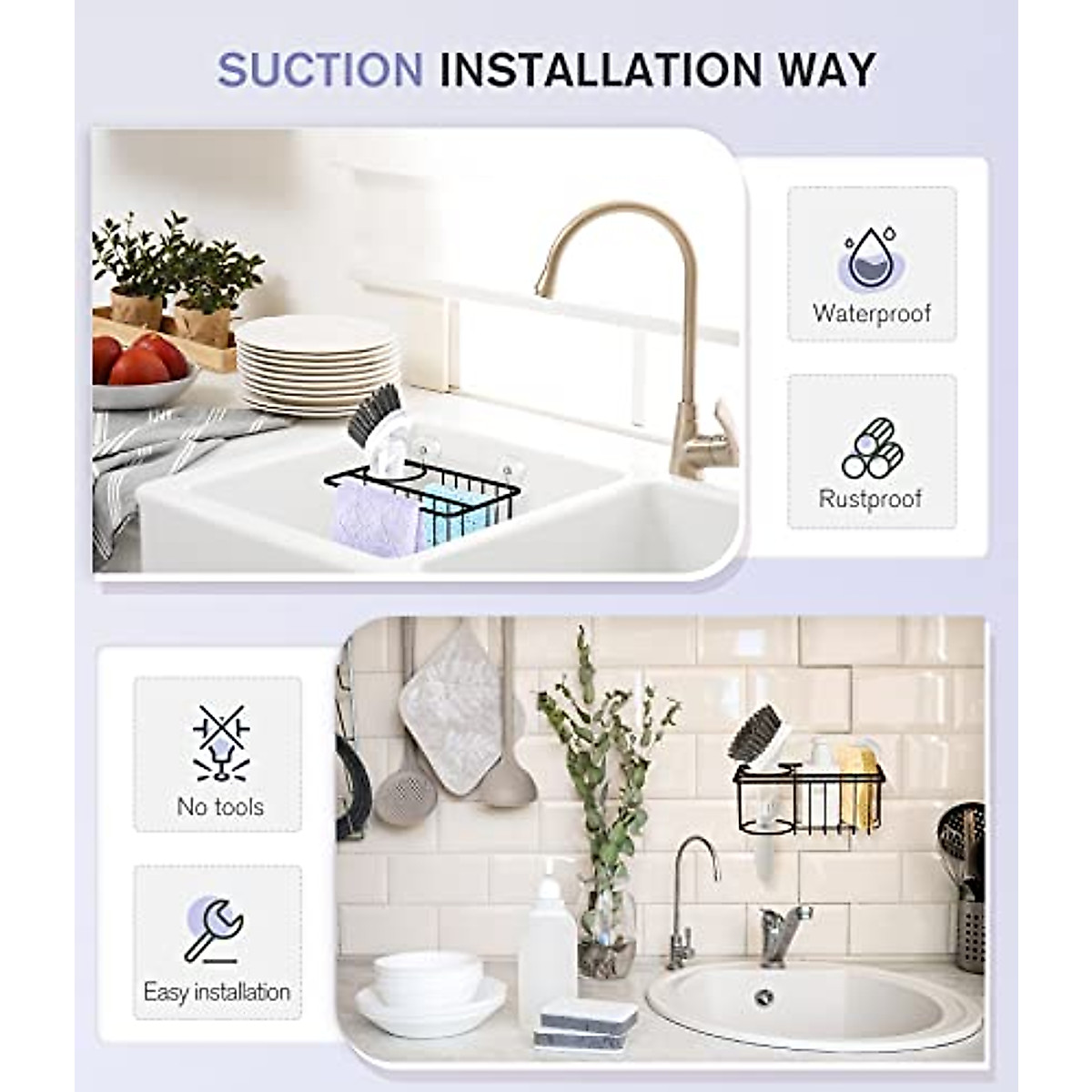 VIS'V 3 in 1 Sink Caddy Sponge Holder, 304 Stainless Steel Adhesive Kitchen Sink Basket Sponge Holder Brush Holder Dishcloth Hanger Kitchen Sink Accessories Organizer Rack with 2 Suction Cups - Black