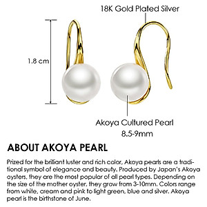 18K Gold Plated Akoya Pearl Earrings Dangle Drop 8.5-9mm Pearl 925 Sterling Silver Fine Jewelry for Women