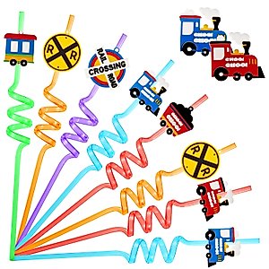36 Pcs Train Drinking Straws Reusable Plastic Straws Train Birthday Party Supplies Train Party Favors Train Railroad Crossing Theme Cocktail Straws with Cartoon Decoration for Kids, 6 Designs