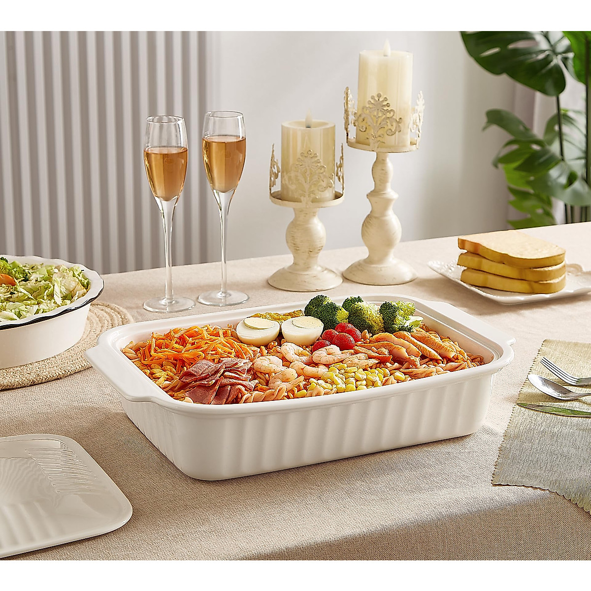 Casserole Dish with Lid, 5.6 Quart Covered Casserole Dish Cookware, 9x13.5 Deep Baking Dish for Oven,Lasagna Pan Ceramic Bakeware for Baking, Easy to Clean, White