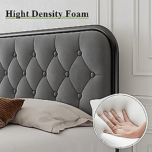 Feonase Queen Bed Frame, Heavy Duty Bed Frame with Buton Tufted Headboard, Upholstered Platform Bed with Strong Metal Slats, 12" Under-Bed Storage, Noise-Free, Easy Assembly, Grey
