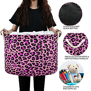 Kigai Storage Basket Pink Purple Leopard Round Toy Baskets Foldable Nursery Organizer Waterproof Inner Layer with Sturdy Handles Clothes Laundry Hamper Bin