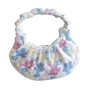 JIANEEXSQ Hobo Bag Women Floral Flower Fluffy Purse Large Capacity Furry Handbag Shoulder Tote Bag, White