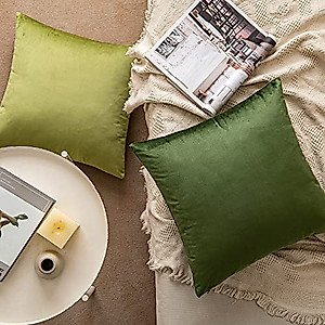MIULEE Olive Green Velvet Curtains Thermal Insulated Blackout Curtain Set of 2 and Pack of 2 Velvet Soft Solid Decorative Square Throw Pillow Covers 18 x 18 Inch Moss Green
