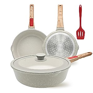 Bobikuke 5 Pcs Nonstick Deep Frying Pan Set with Removable Handle, 8"&9.5" &11" Granite Coating Non stick Skillets Cookware Set with Universal Lid, Oven& Dishwasher Safe (White)
