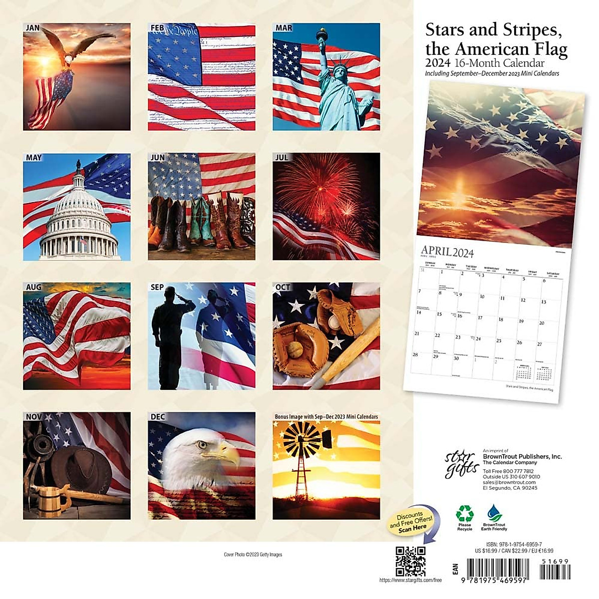 Stars and Stripes | The American Flag | 2024 12 x 24 Inch Monthly Square Wall Calendar | Sticker Sheet | StarGifts | USA United States of America