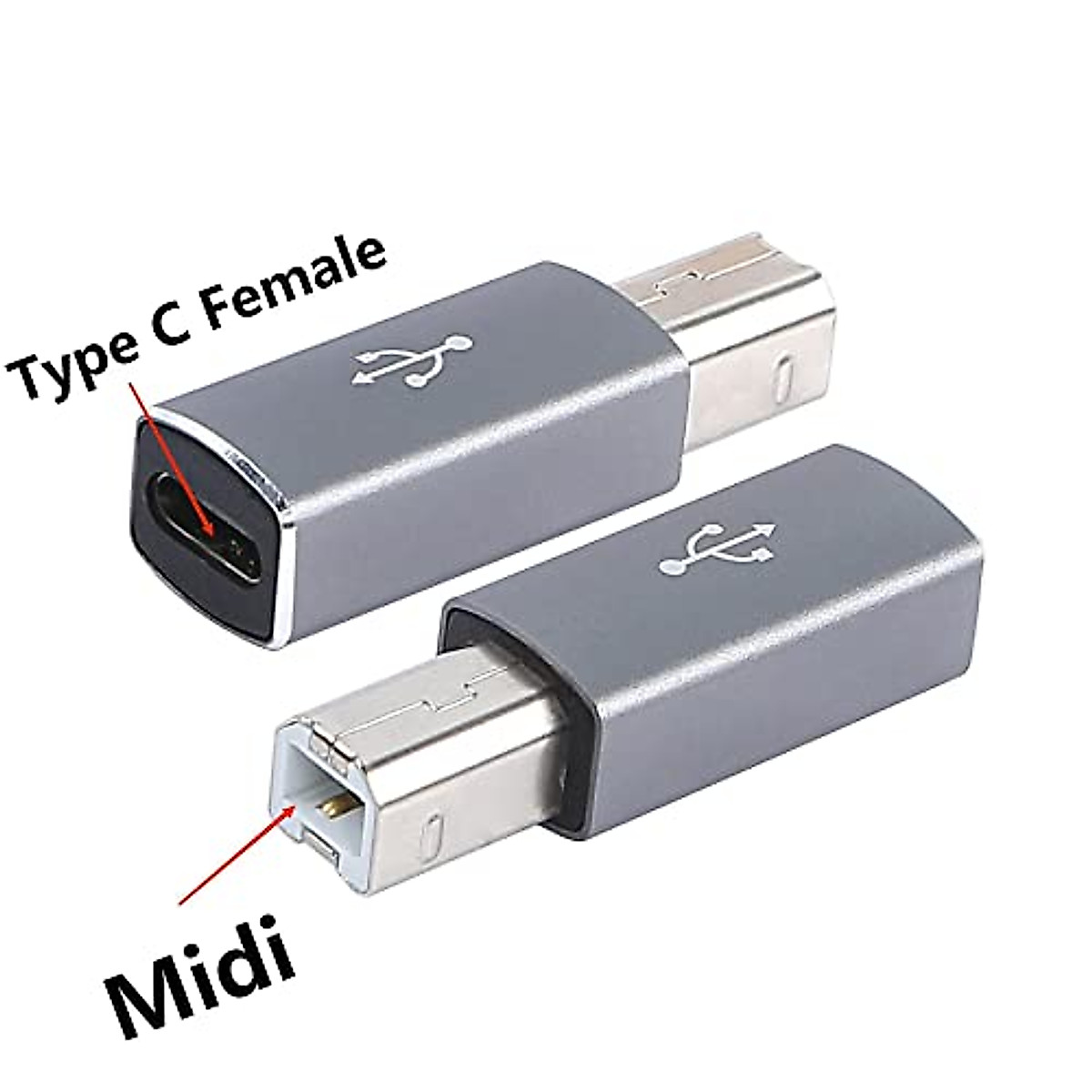 QIANRENON USB C to B Print Converter Type C to MIDI Digital Interface Adapter, Connect Keyboard to Mobile Phone via OTG, for Printer, Electric Piano, Silver Gray, 2 pcs