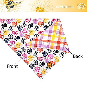 CROWNED BEAUTY Spring Dog Bandanas Reversible Large 2 Pack, Paws Set, Plaid Stripes Adjustable Triangle Holiday Purple Scarves for Medium Large Extra Large Dogs Pets DB40-L