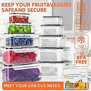 10 PCS Fruit Storage Containers for Fridge with Removable Colander, All-In-One Vegetable Berry Storage Containers for Washing, Draining, Freshness, the Largest Size with Handles