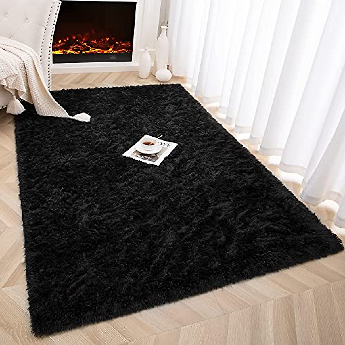 Foxmas Large Area Rugs for Living Room Bedroom 5x8 Feet, Fluffy Kids Room Plush Shaggy Nursery Rug Furry Throw Carpets for Boys Girls, College Dorm Fuzzy Rugs Home Decorate Rug, Black