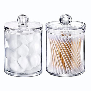 Wellinc Qtip Holder Dispenser for Cotton Ball, Cotton Swab, Cotton Round Pads, Floss - 10 oz Clear Plastic Apothecary Jar Set for Bathroom Canister Storage Organization, Vanity Makeup Organizer