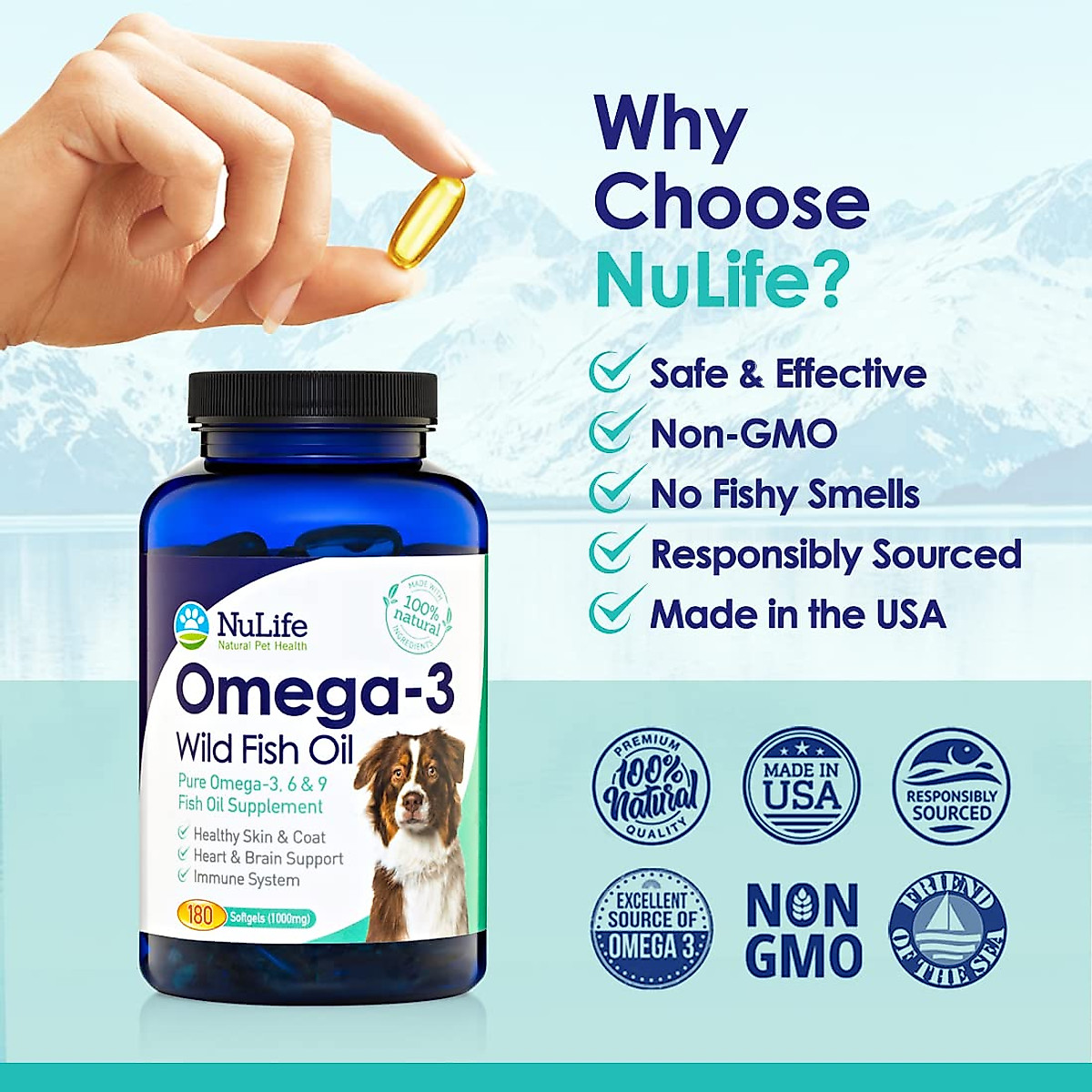 Pure Omega 3 Fish Oil for Dogs, Wild Caught from Iceland, Skin and Coat Supplement for Shedding, Dry Itchy Skin and Allergies, Rich in EPA + DHA with Omega 3, 6 & 9 Fatty Acids, 1000mg, 180 Capsules