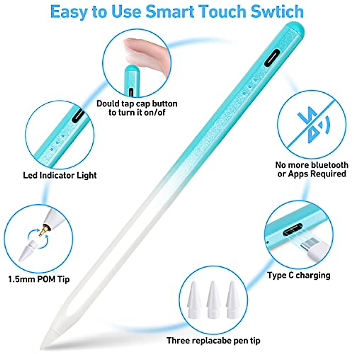 Stylus Pen for ipad, Active Pencil with Quick Charge, Palm Rejection Tilt Sensor, Magnetic Apple Pen Compatible with 2018-2022 iPad Pro 11"/12.9",iPad 10/9/8/7/6,iPad Mini 5/6,iPad Air3/4/5- Blue