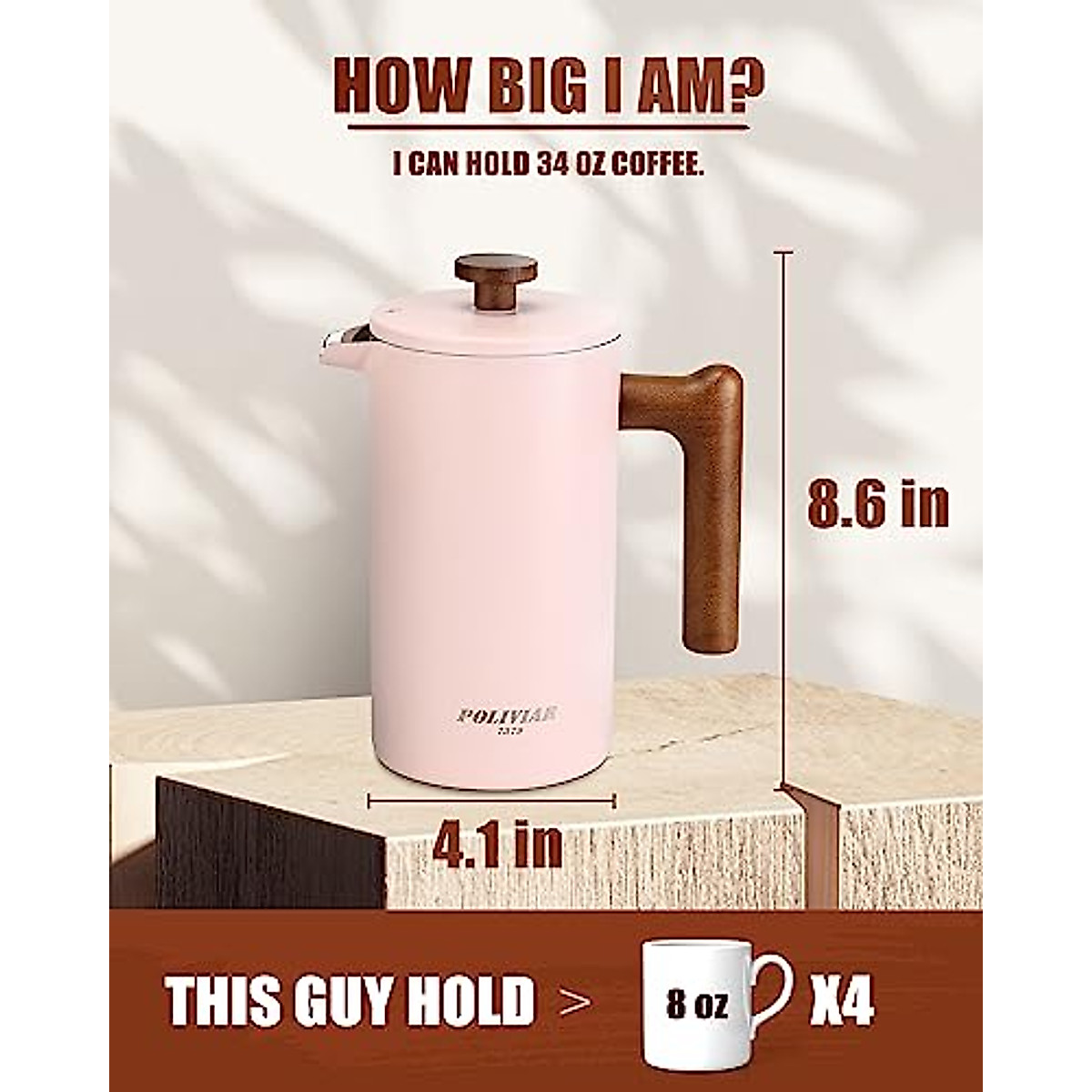 POLIVIAR French Press Coffee Maker, 34 Ounce Coffee Press with Real Wood Handle, Double Wall Insulation & Dual- Filter Screen, Food Grade Stainless Steel for Good Coffee and Tea JX2020-FPP