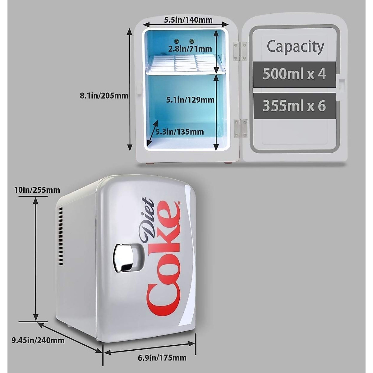 Coca-Cola Diet Coke 4L Mini Fridge Cooler/Warmer 12V DC 110V AC 6 Can Portable Personal Travel Refrigerator for Snacks Drinks Cosmetics Desk Home Office Dorm Gray with Iconic Design & Chrome Accents