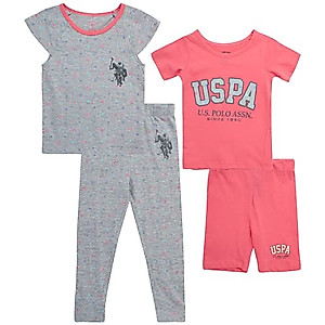 U.S. Polo Assn. Baby Girls' Pajama Set - 4-Piece Short Sleeve T-Shirt, Sleep Shorts, and Joggers (Sizes 2T-4T), Size 3T, Grey/Pink Stars